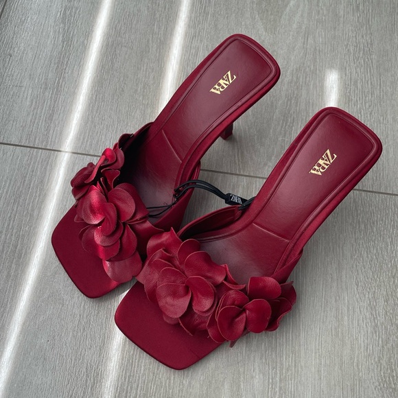 Zara | Shoes | Zara Red Leather Floral Heels | Poshmark